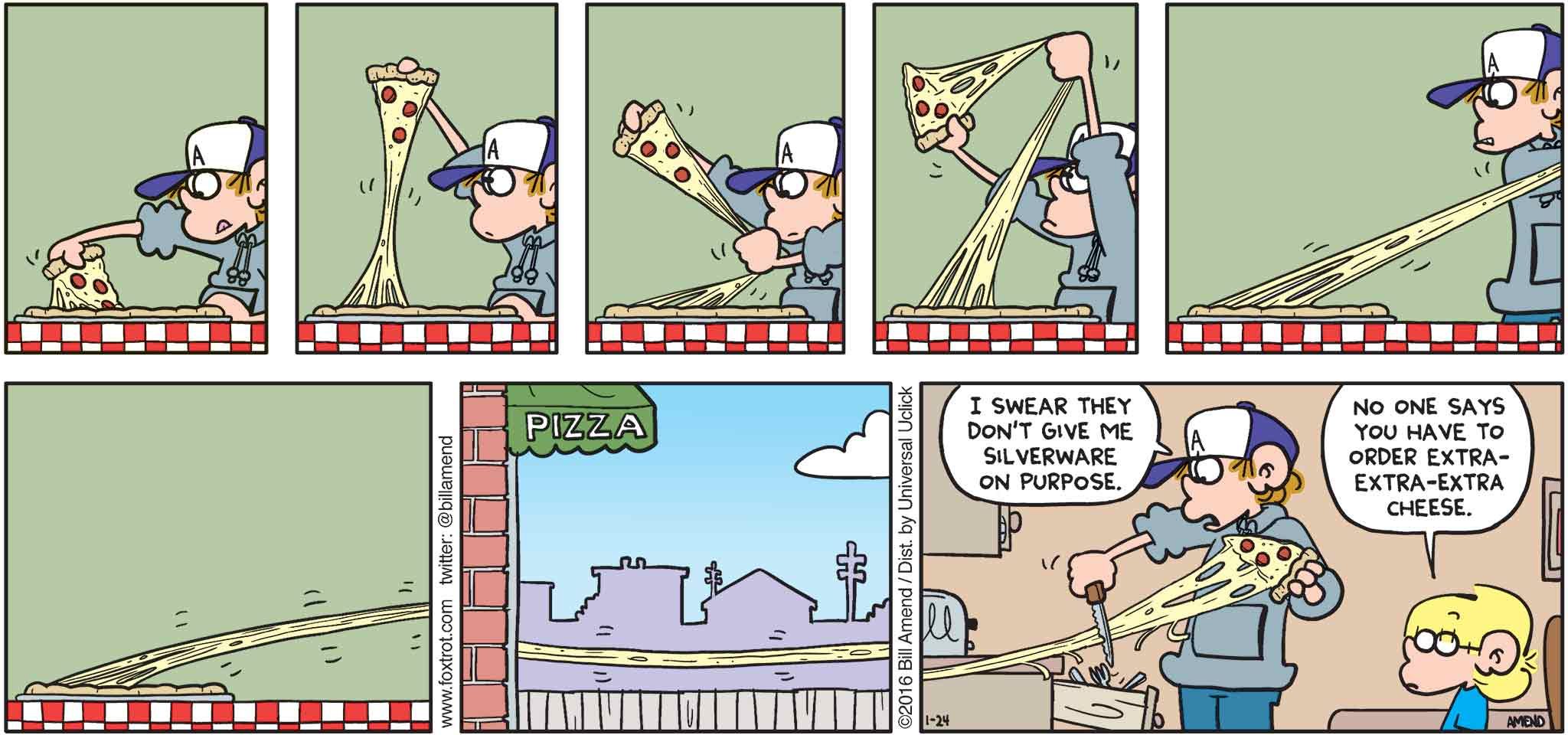 "Bit of a Stretch" | Pizza | FoxTrot Comics by Bill Amend